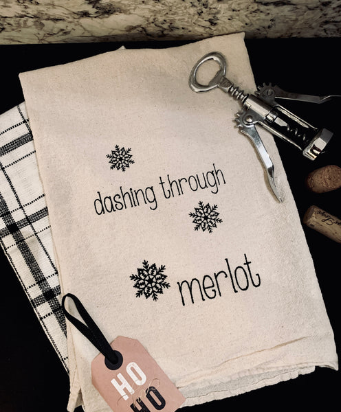 Dashing through merlot kitchen tea towel by ellembee Home – ellembeegift